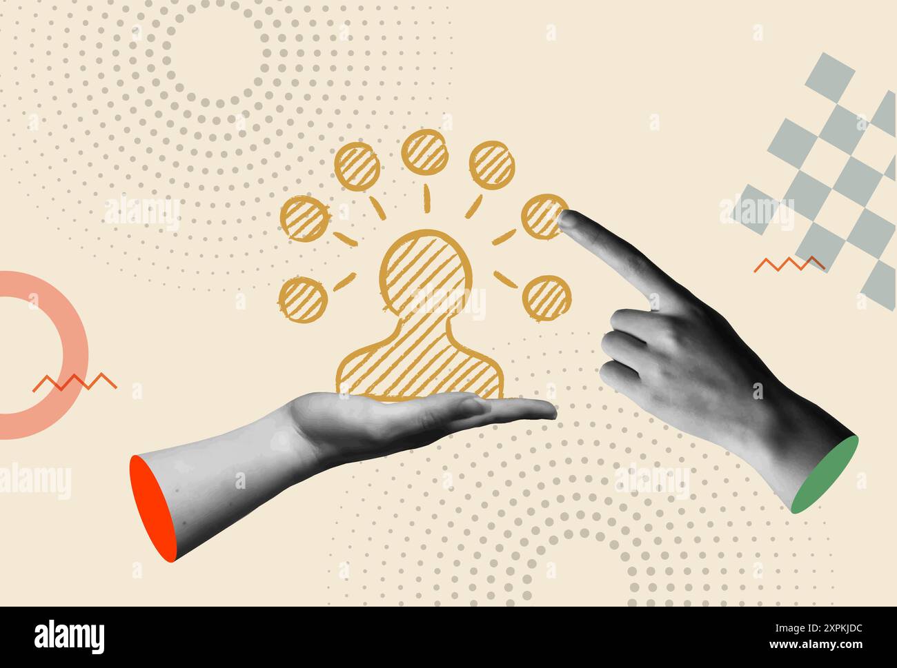 Collaborative teamwork icon and human hands in retro 80s collage mixed ...