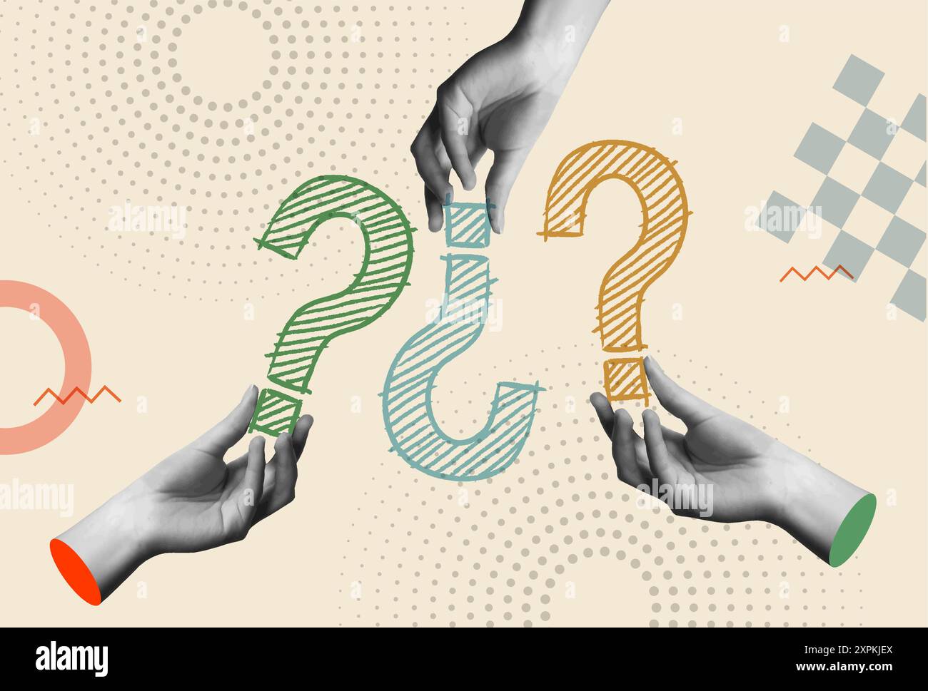 Human hands holding question marks in retro 80s collage mixed media vector illustration. Concept ...