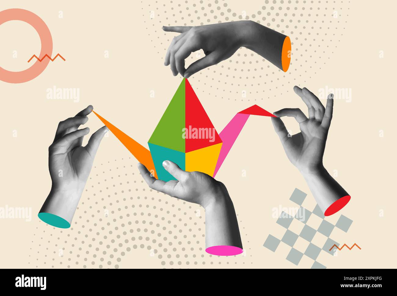 Human hands creating origami bird in retro halftone collage mixed media ...