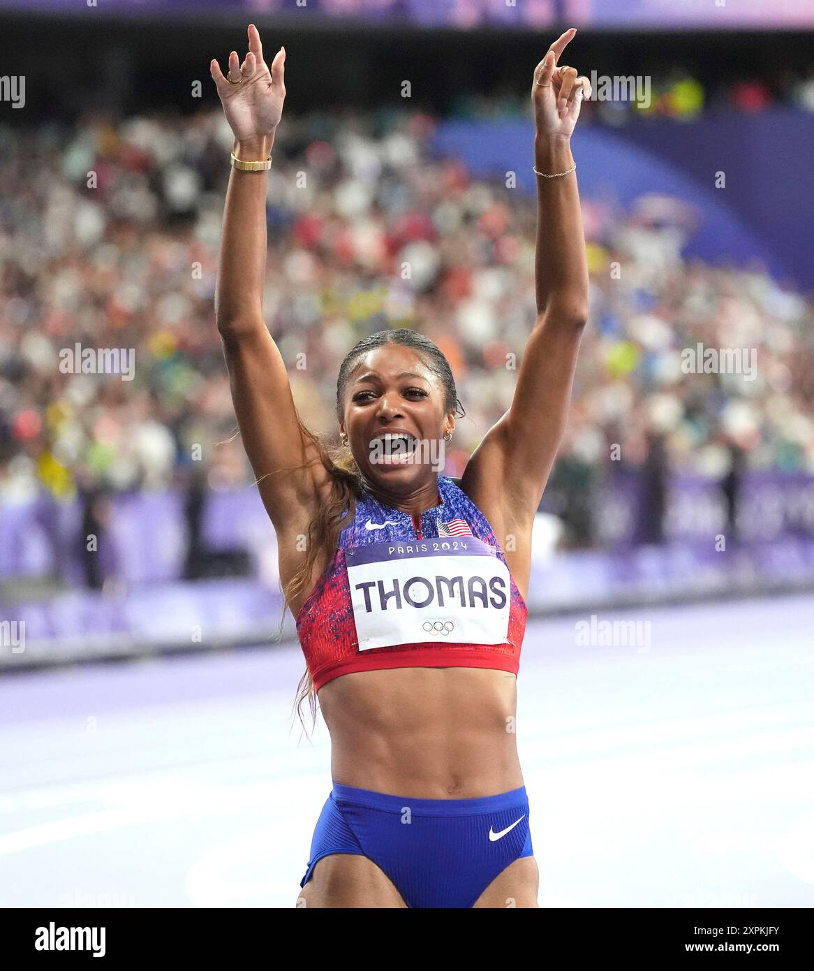 Gabrielle Thomas (USA) celebrates her victory in the women's 200m final ...