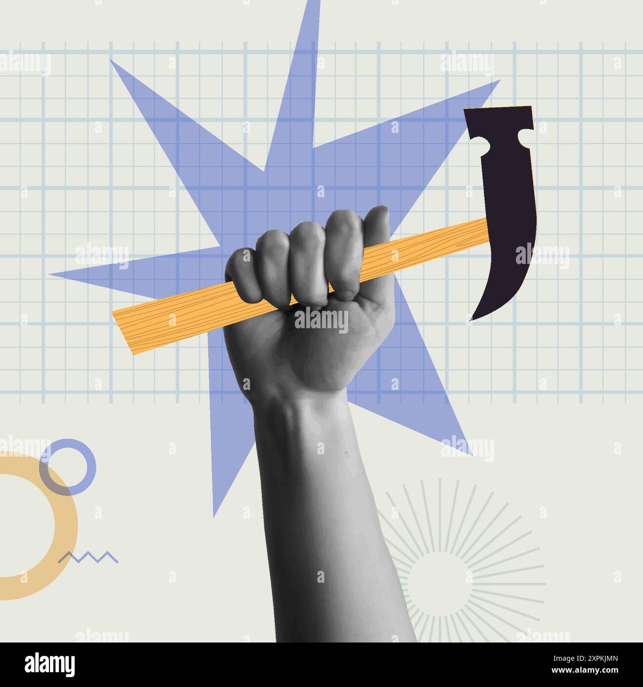 Human hand holding a hammer in retro collage mixed media vector ...