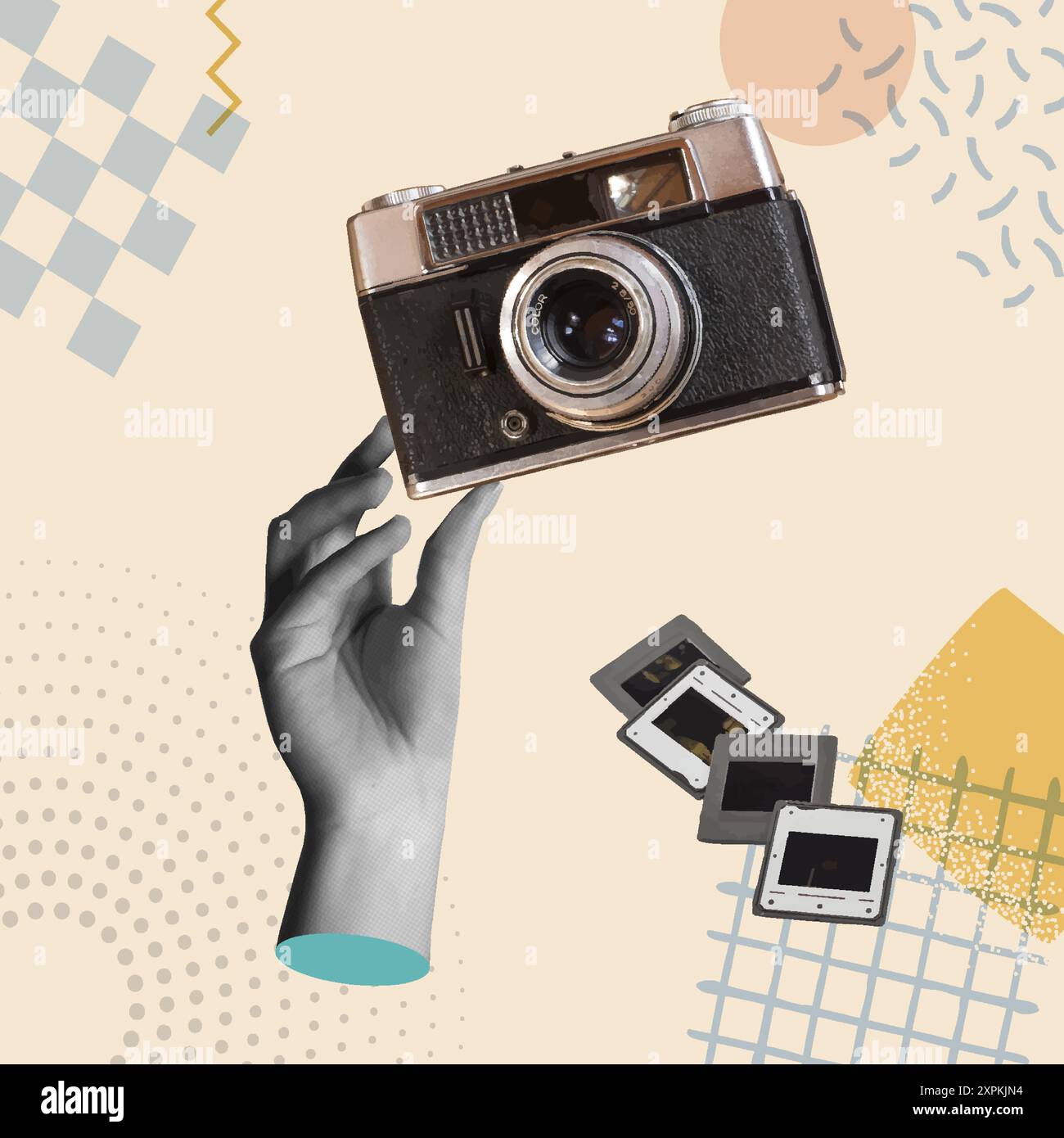 Human hand holding a analog camera in halftone collage mixed media ...