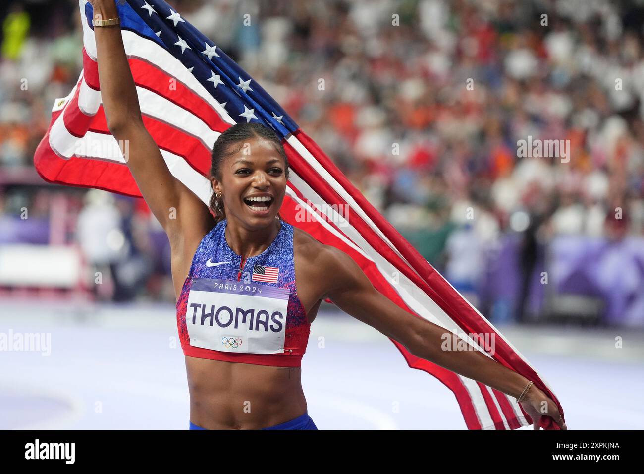 Gabrielle Thomas (USA) celebrates her victory in the women's 200m final ...