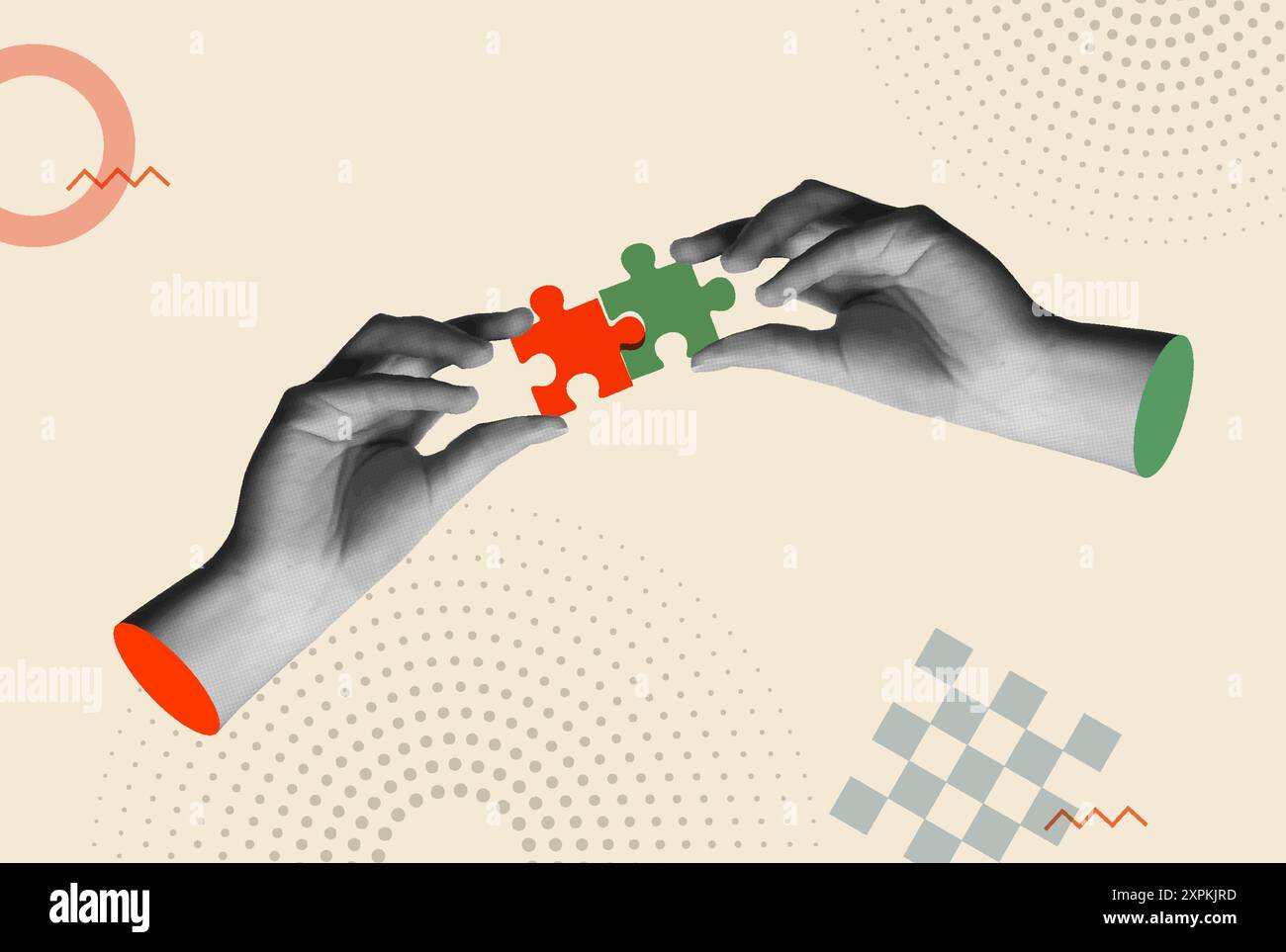 Human hands holding puzzle pieces in 80s retro collage vector ...