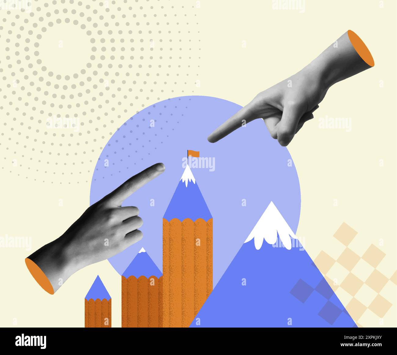 Human hands pointing the top of the mountain in retro collage mixed ...