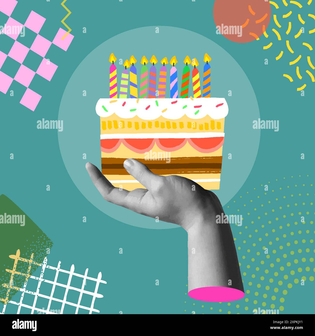 Human hand holding a colorful birthday cake in retro collage mixed ...