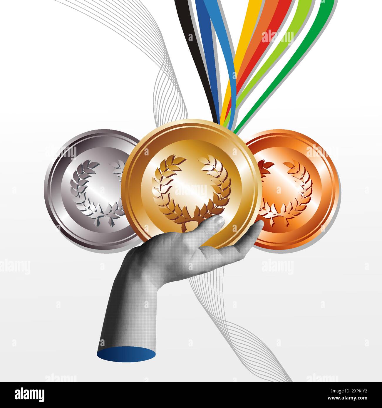 Human hand holding gold medal in retro halftone collage mixed media ...