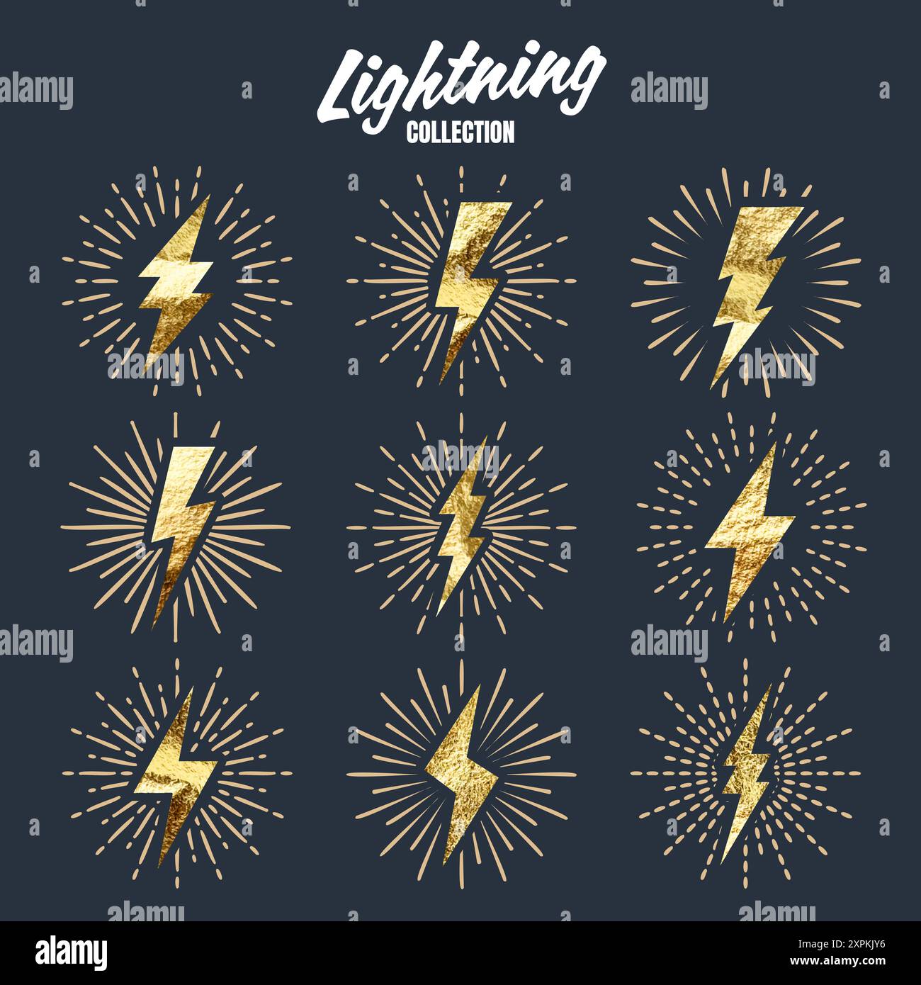 Set of vintage golden lightning bolts and sun rays. Gold foil texture ...