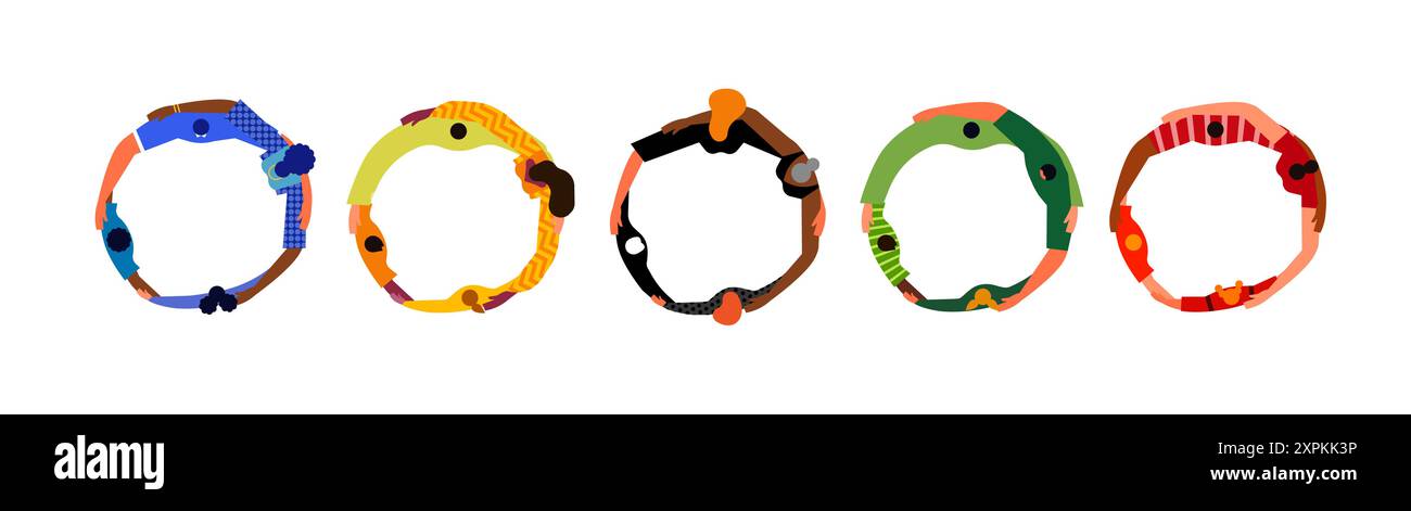 People Hug In Circle Rings Of Colors Collection Modern Flat Cartoon