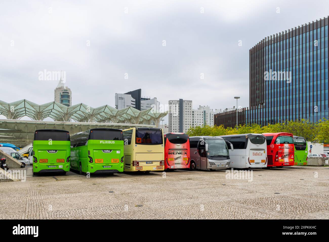 A lineup of colorful passenger buses at oriente station in lisbon ...