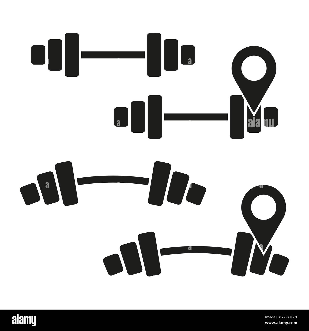 Fitness location icons. Dumbbell and map pin. Vector symbols. Black and ...