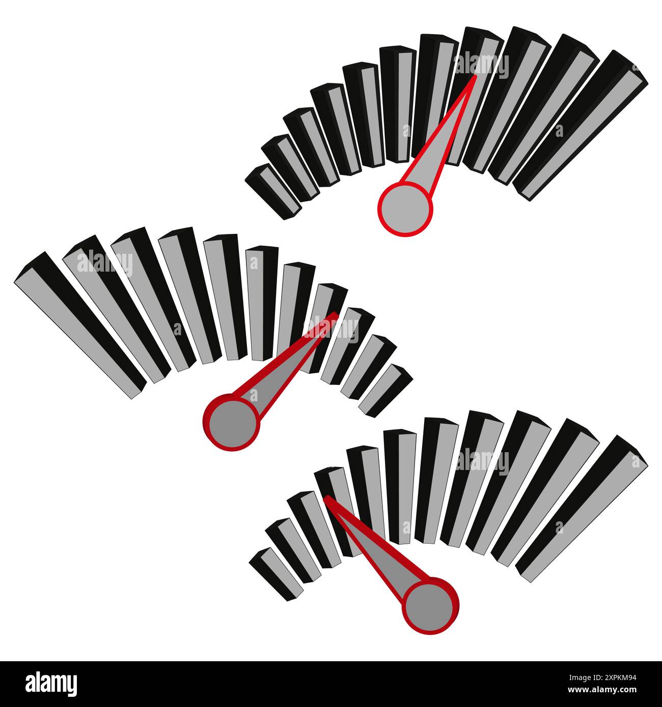 Speedometer gauge icons. Red needles. Black and grey bars. Vector ...