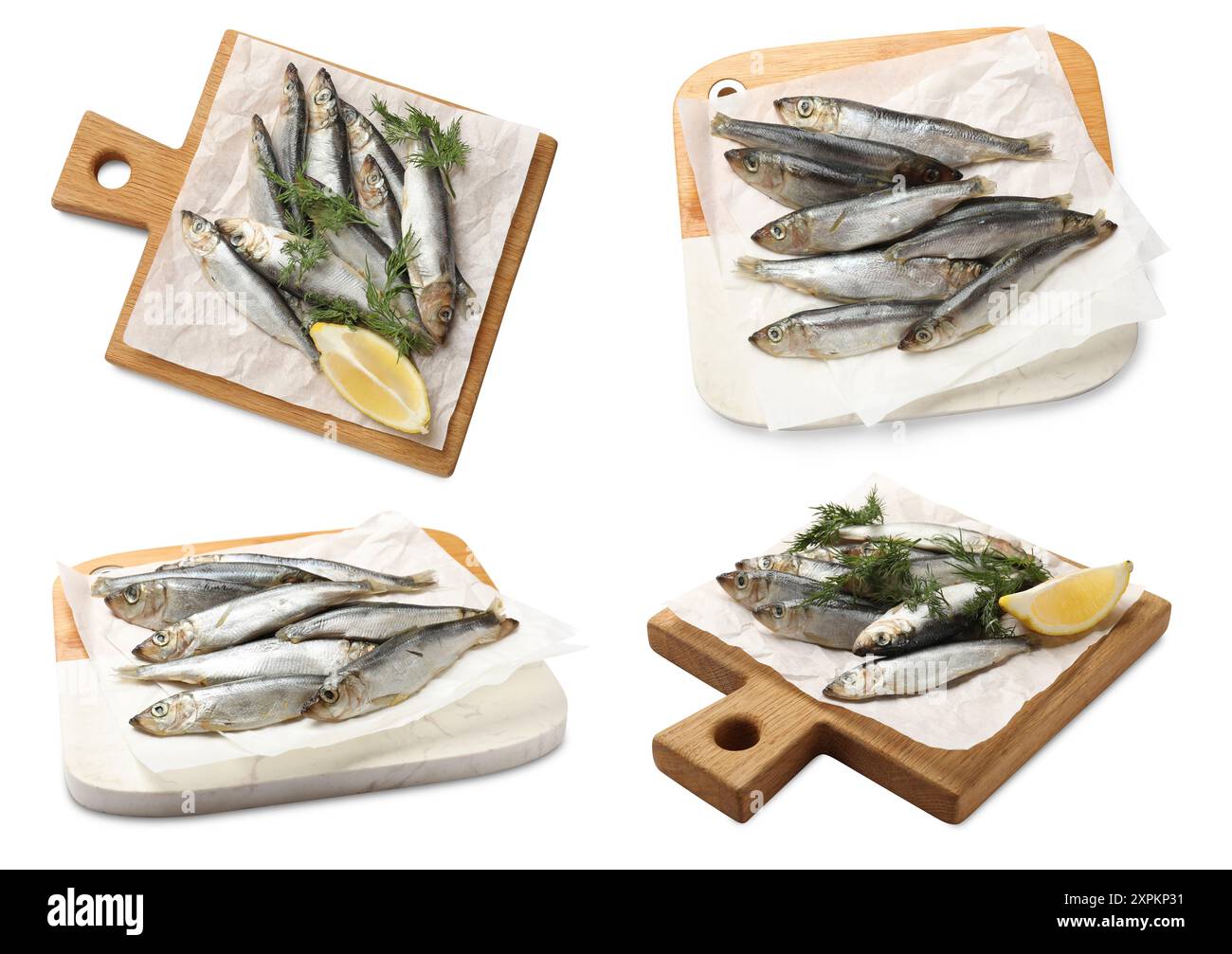 Set of fresh raw sprats isolated on white, top and side views Stock ...