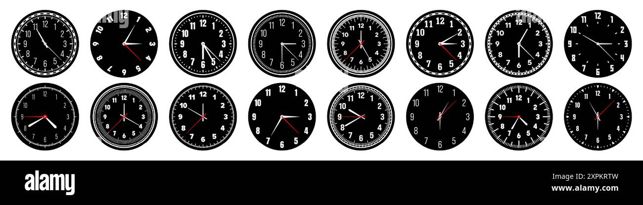 Mechanical clock faces with hands, bezel. Watch dial with minute, hour marks and numbers, arabic ...