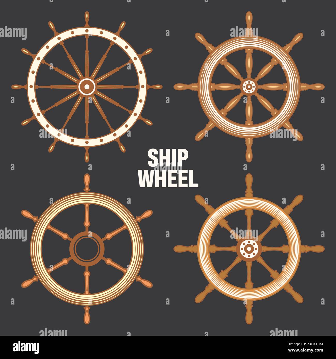 Wooden vintage steering wheels. Ship, sailboat or yacht retro wheel ...