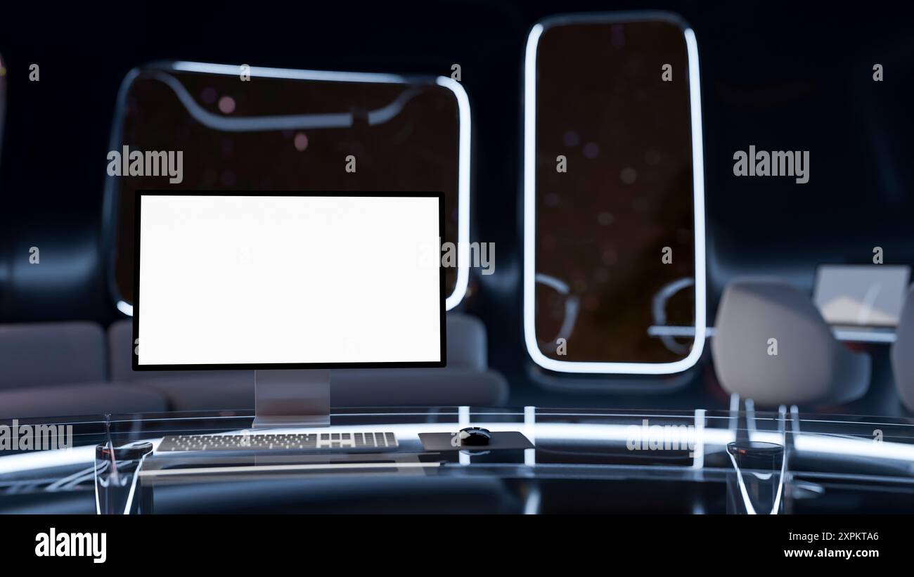 A computer mockup on a black metallic chrome desk in a room with a dark ...
