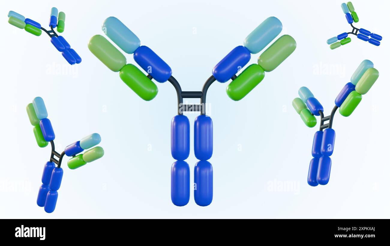 3d rendering of isolated scattered antibody molecules in the light blue background Stock Photo ...