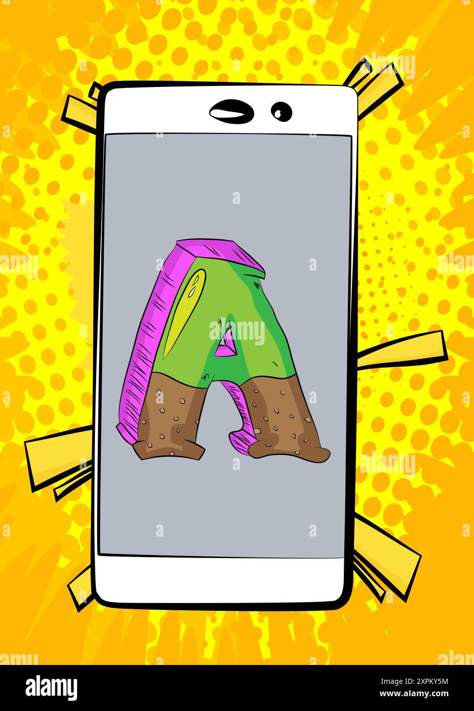 Cartoon Smartphone, comic book Telephone with Letter A. Retro vector ...