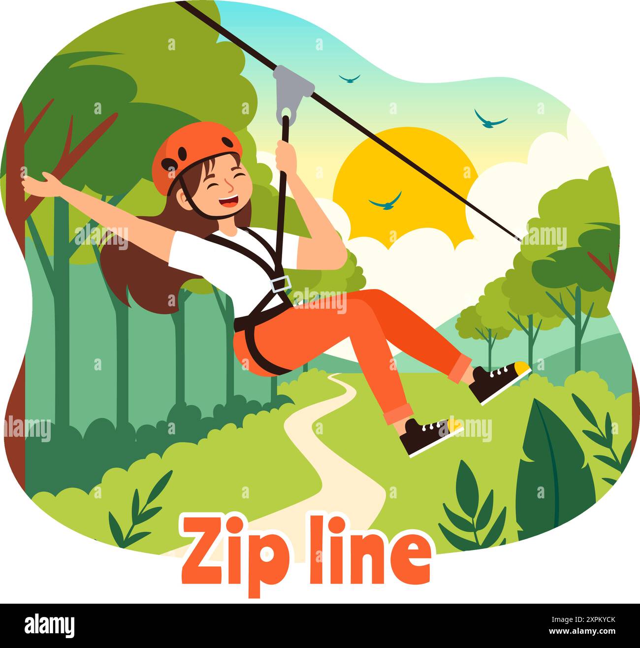 Zip Line Vector Illustration with Visitors Walking on an Obstacle Course and Outdoor Rope ...