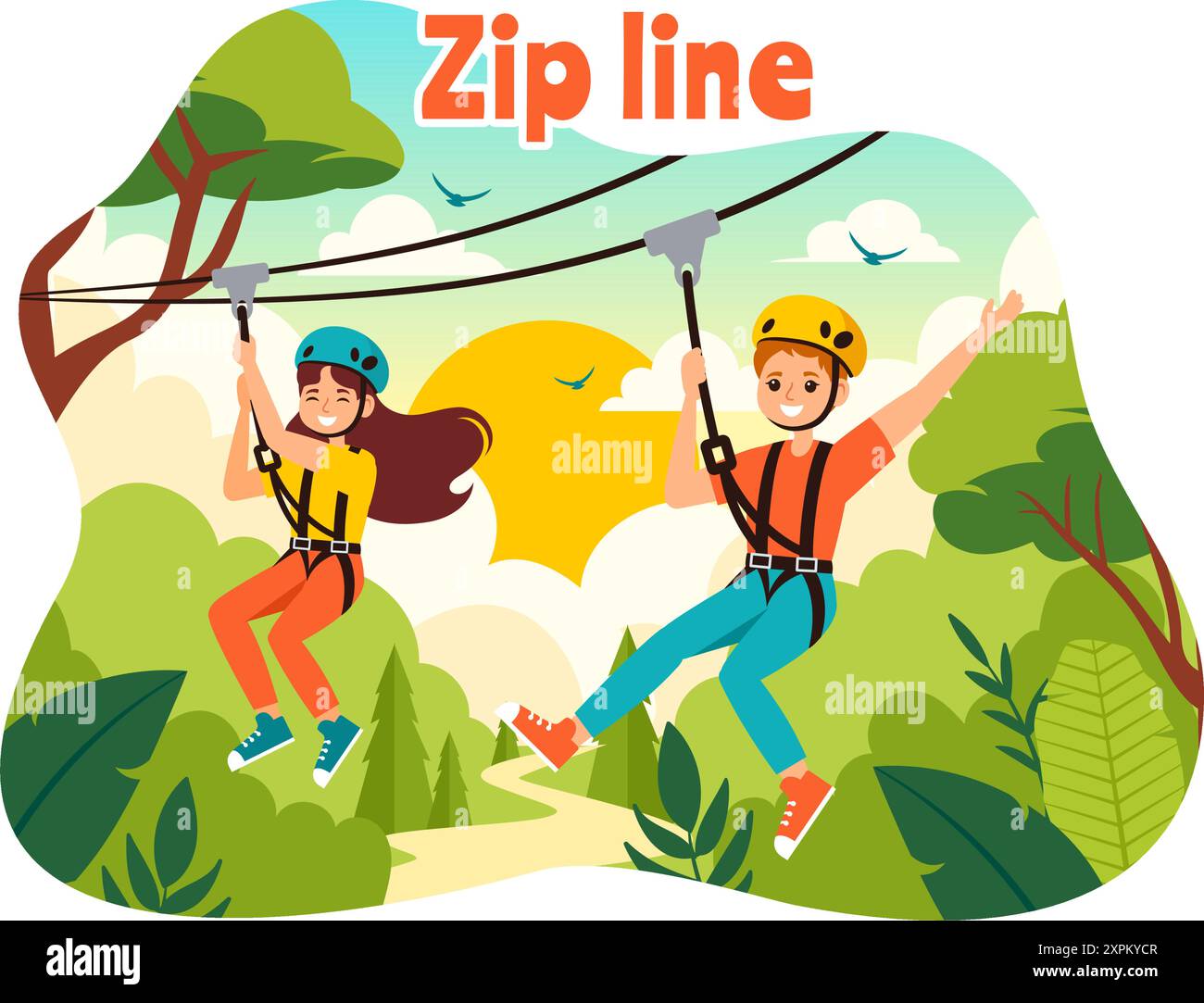 Zip Line Vector Illustration with Visitors Walking on an Obstacle ...