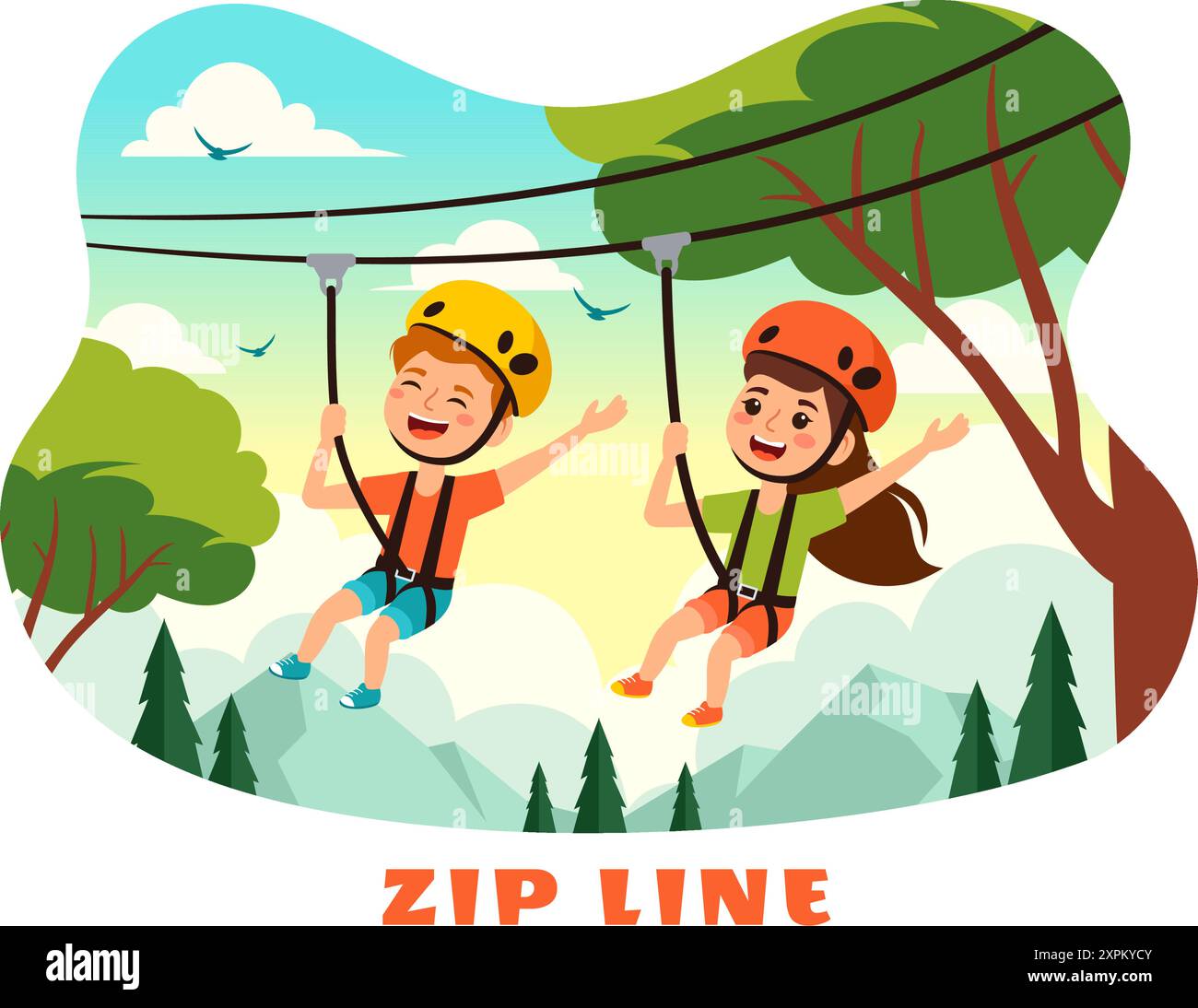 Zip Line Vector Illustration with Visitors Walking on an Obstacle ...