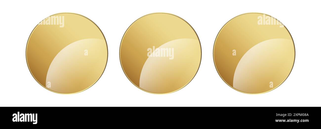 Three Gold circle button on isolated white background and 3 luxury gold ...