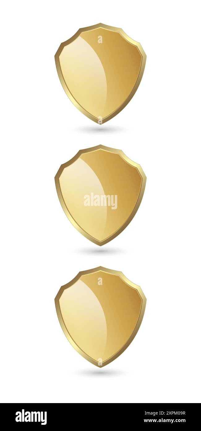 Set of three Golden secured icons, symbols, and 3 defence shapes button ...