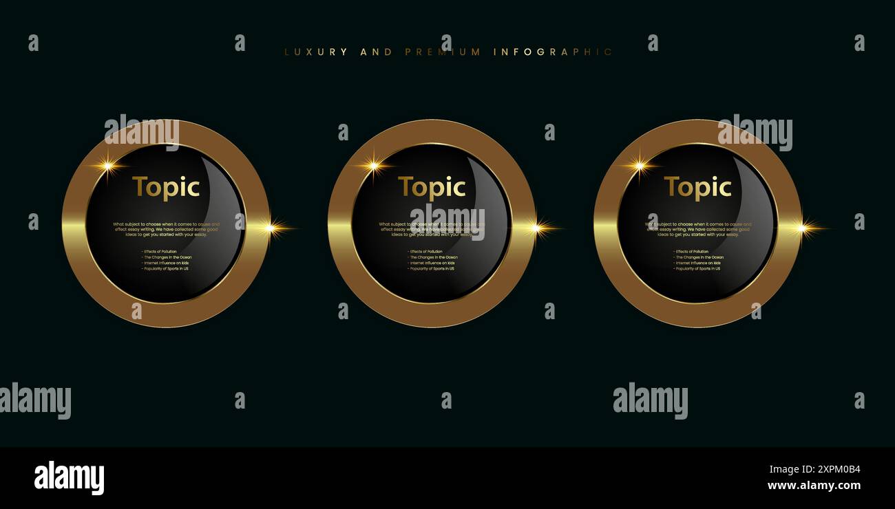 Group of three Luxury, Gold shiny button, metallic golden infographic ...