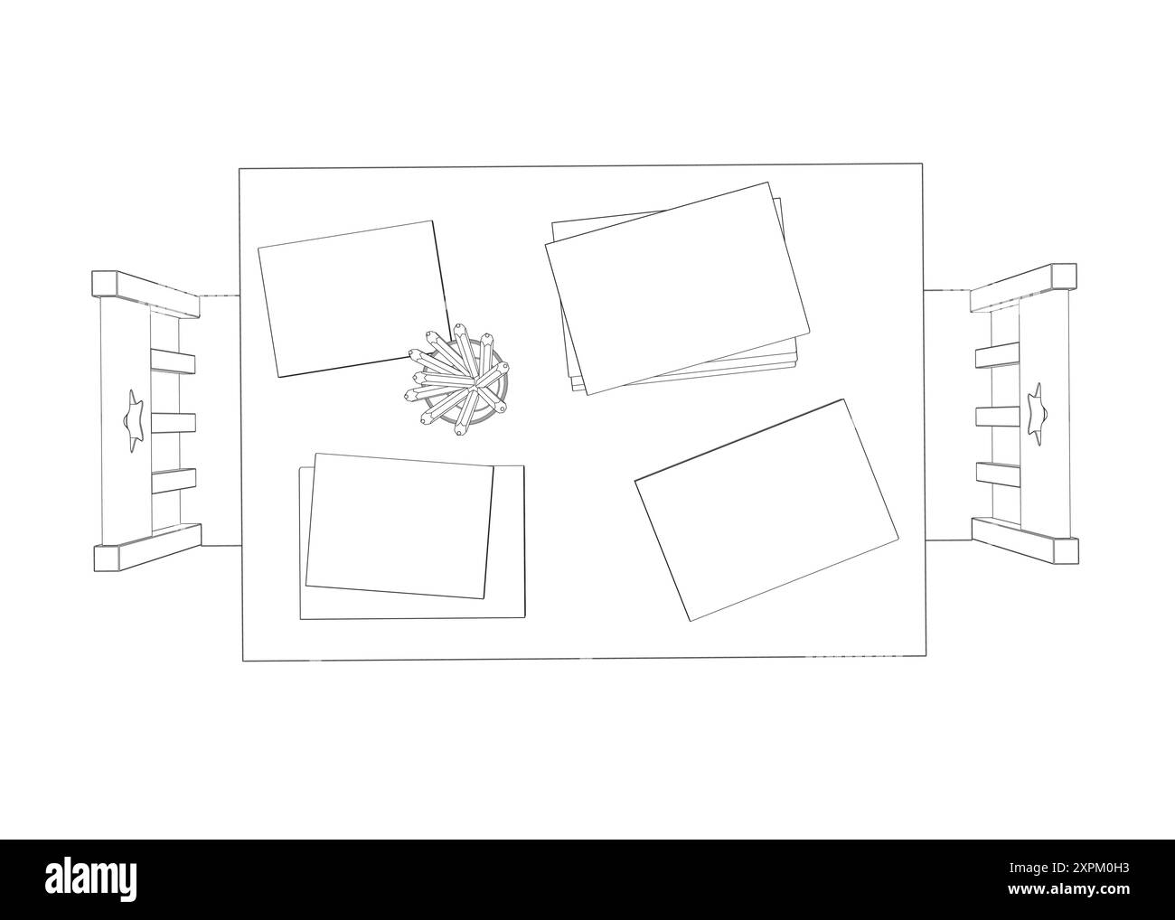 Outline of a rectangular table with two chairs made of black lines ...