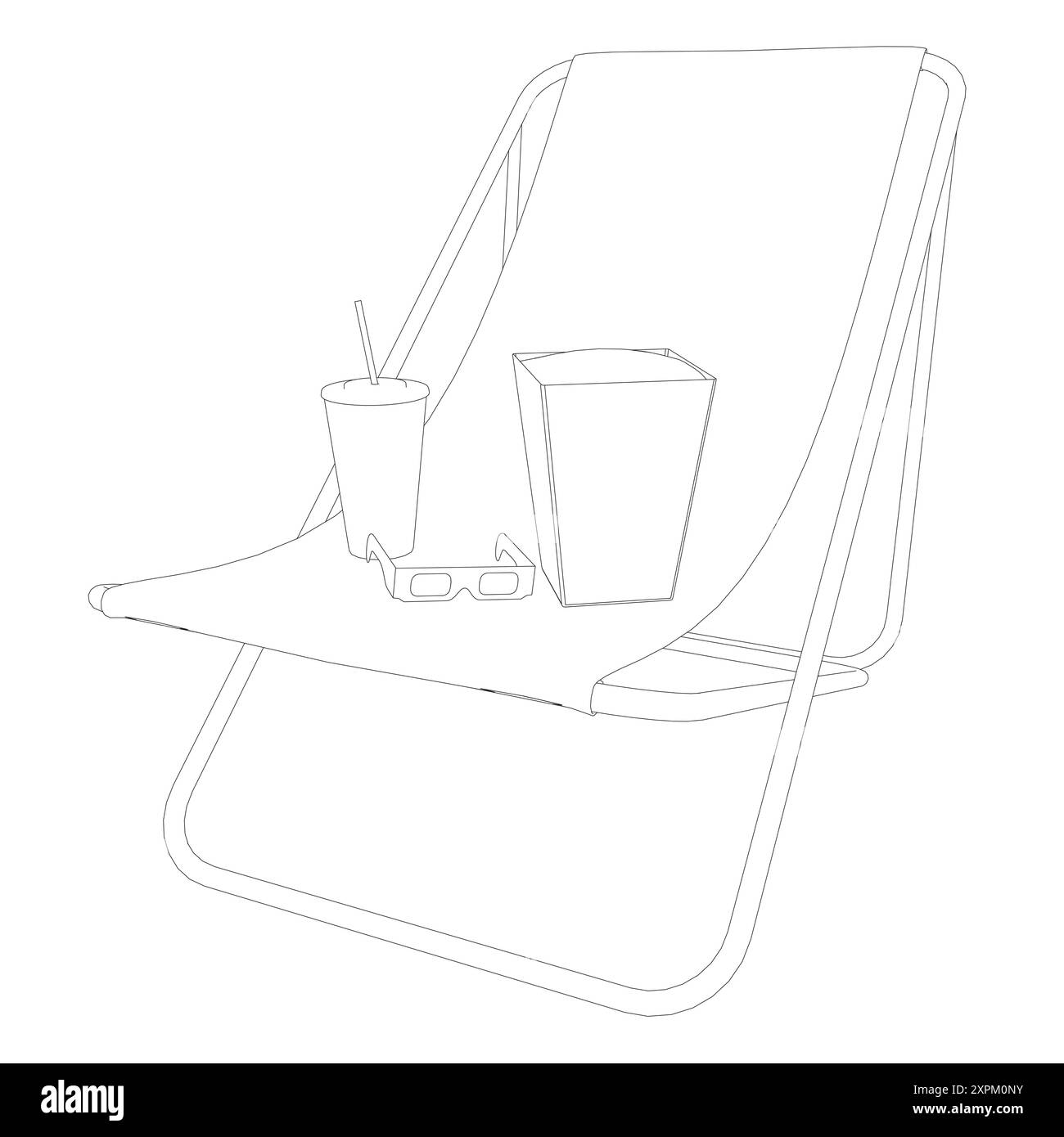 Outline of a folding beach chair with a package of popcorn, a glass of ...