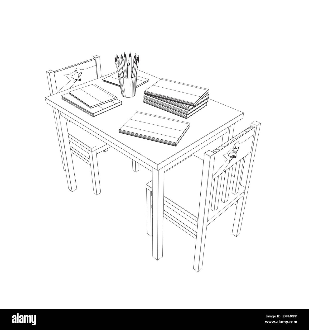 Outline of a rectangular table with two chairs made of black lines ...