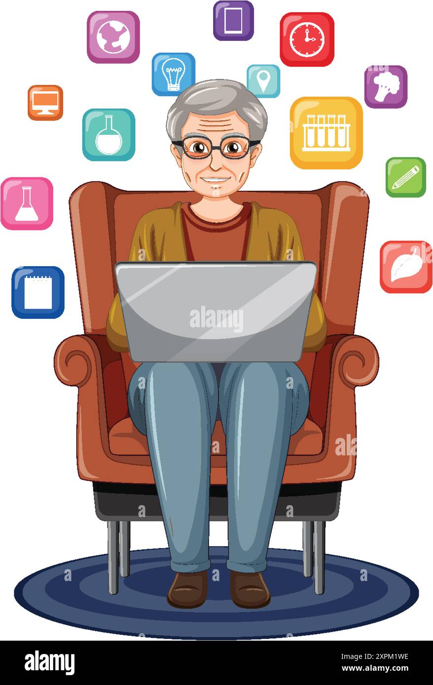 Elderly person using laptop surrounded by app icons Stock Vector Image ...