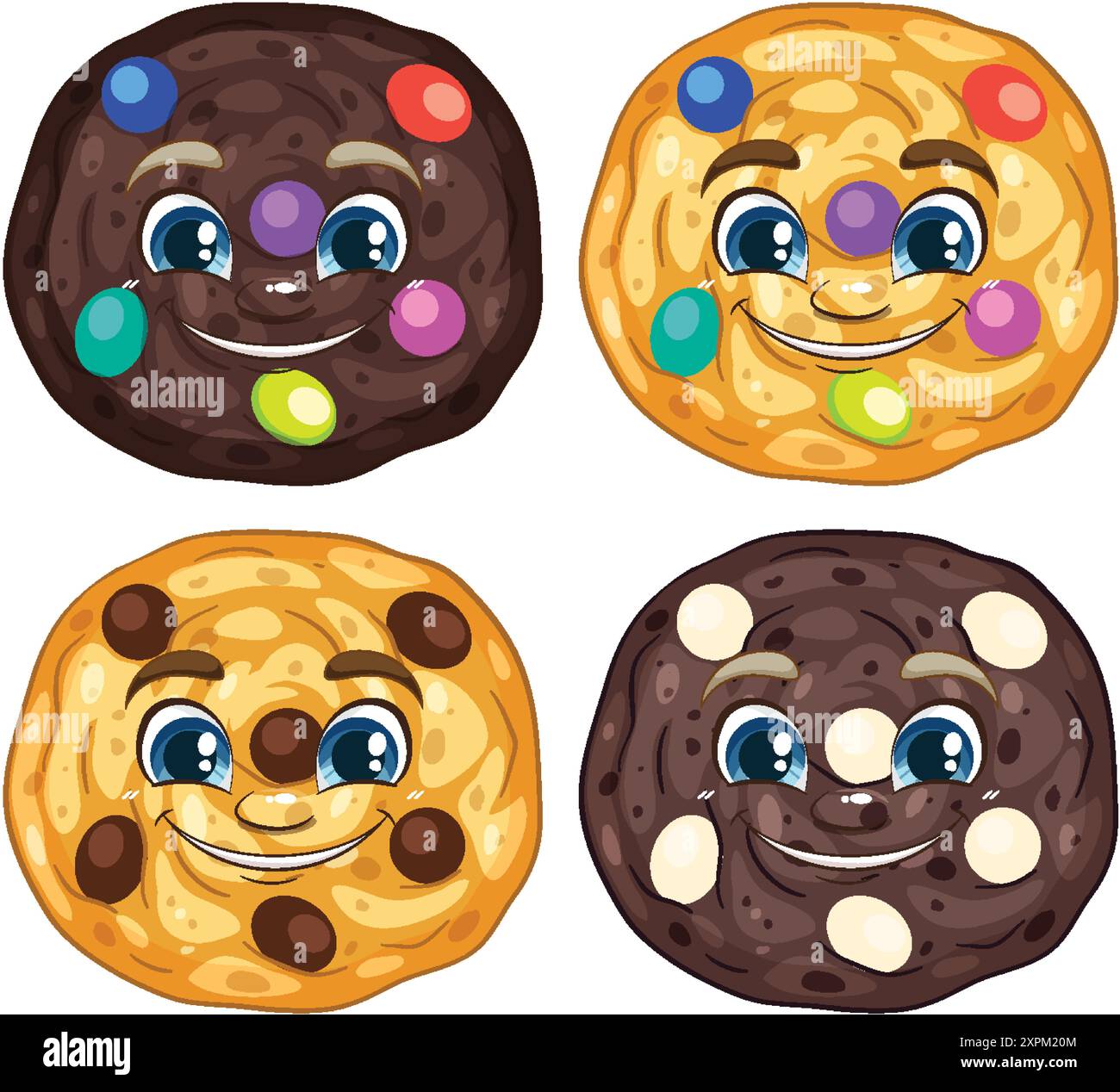 Four happy cookies with vibrant candy decorations Stock Vector Image ...