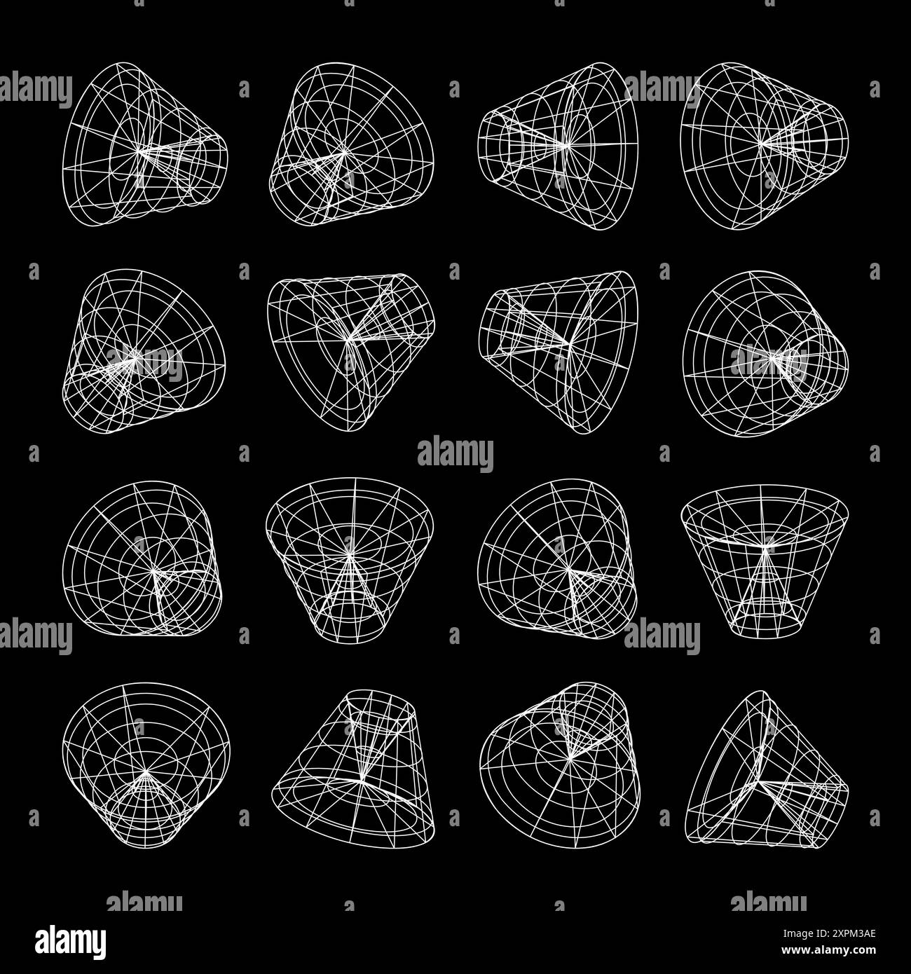 Wireframe lined shapes. Perspective mesh, 3d grid. Low poly geometric ...