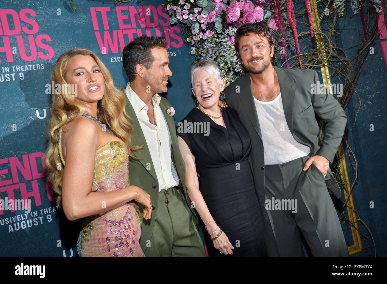 Blake Lively, left, Ryan Reynolds, Tammy Reynolds and Brandon Sklenar ...