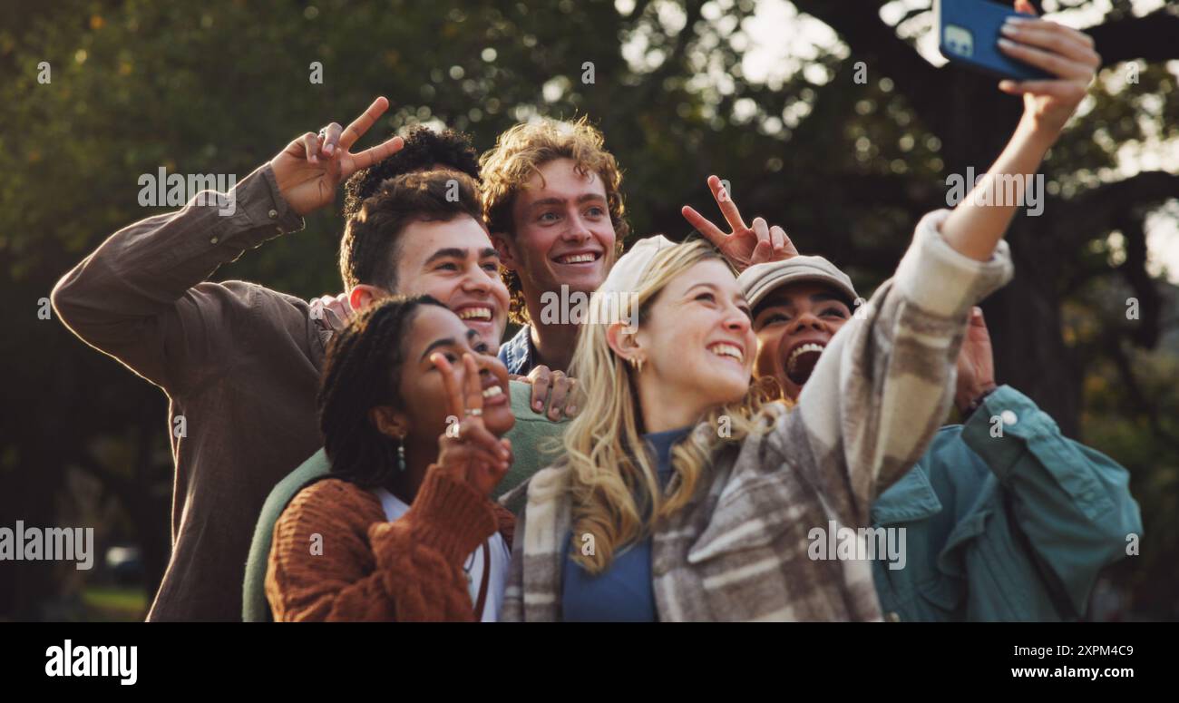 Happy, friends and selfie with peace outdoor on school break, bonding ...
