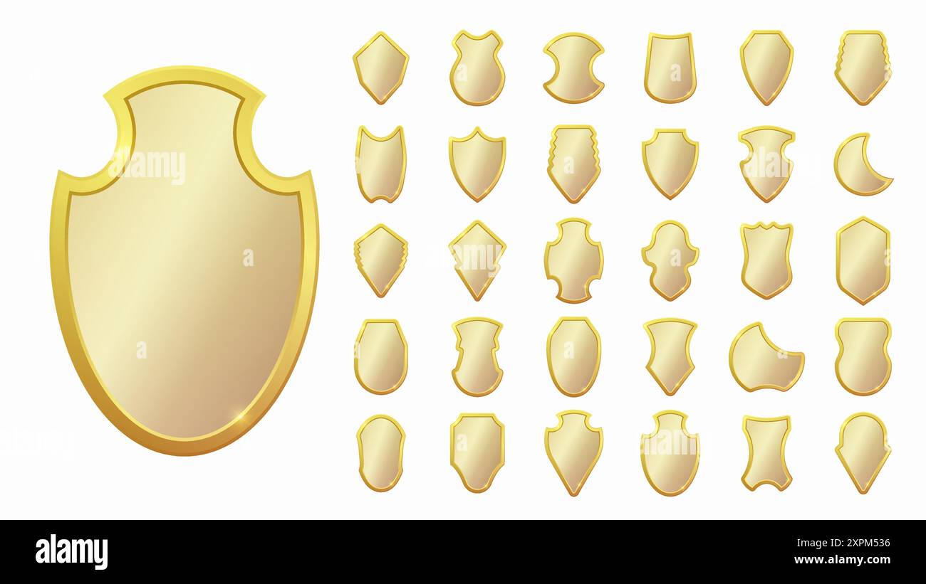 Set of realistic golden heraldic shields. Glass and glossy shield ...