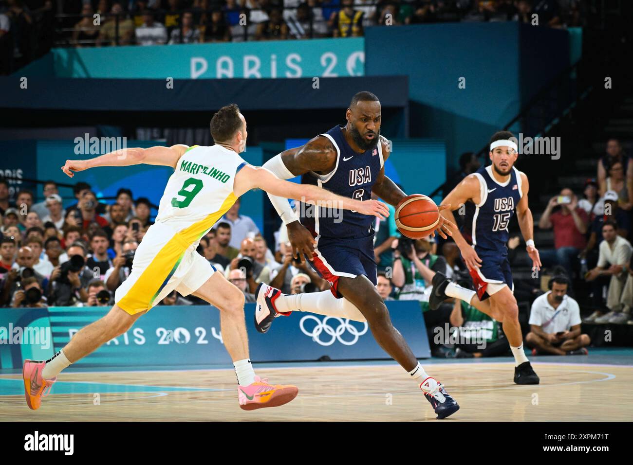 LeBron James of USA and Marcelinho Huertas of Brazil, Basketball, Men's ...