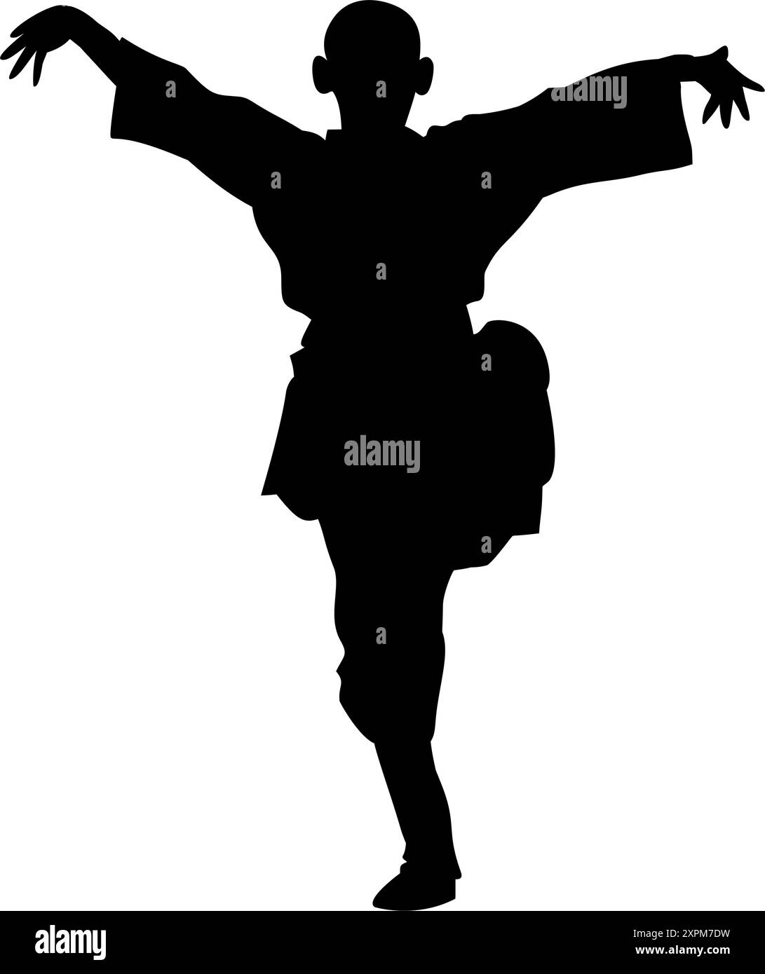 Silhouette of kung fu martial artist standing on one leg on white ...