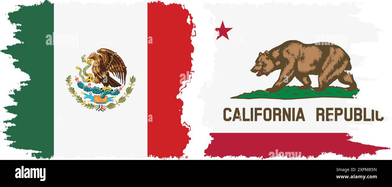 California and Mexico grunge brush flags connection, vector Stock ...