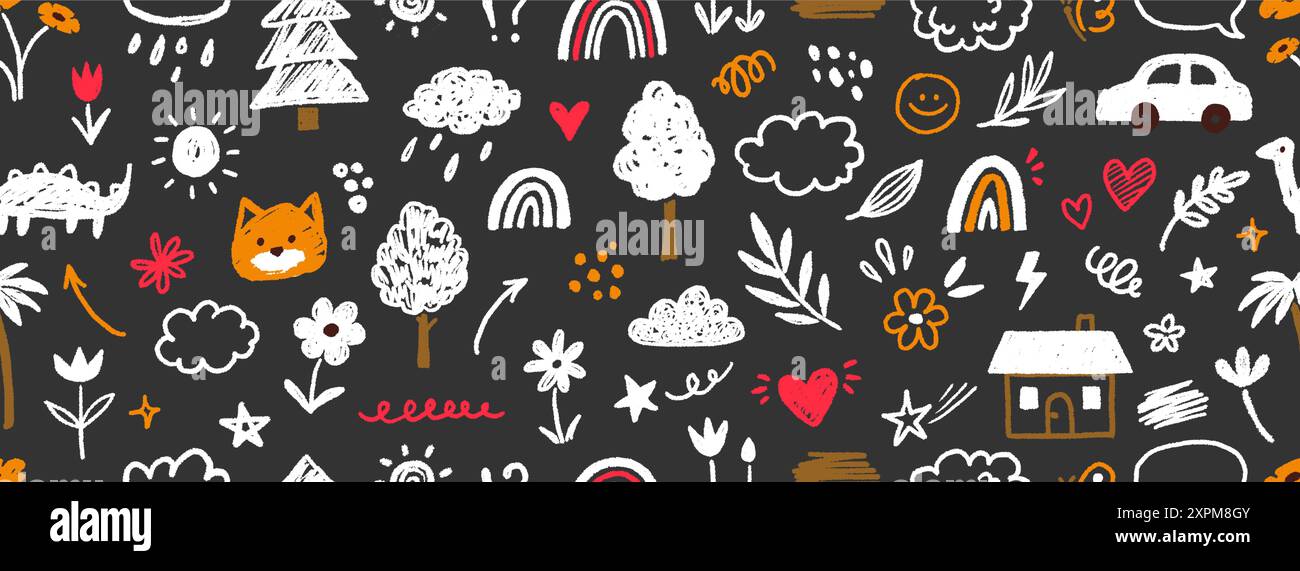 Cute kid child element vector seamless pattern. Hand drawn doodle ...