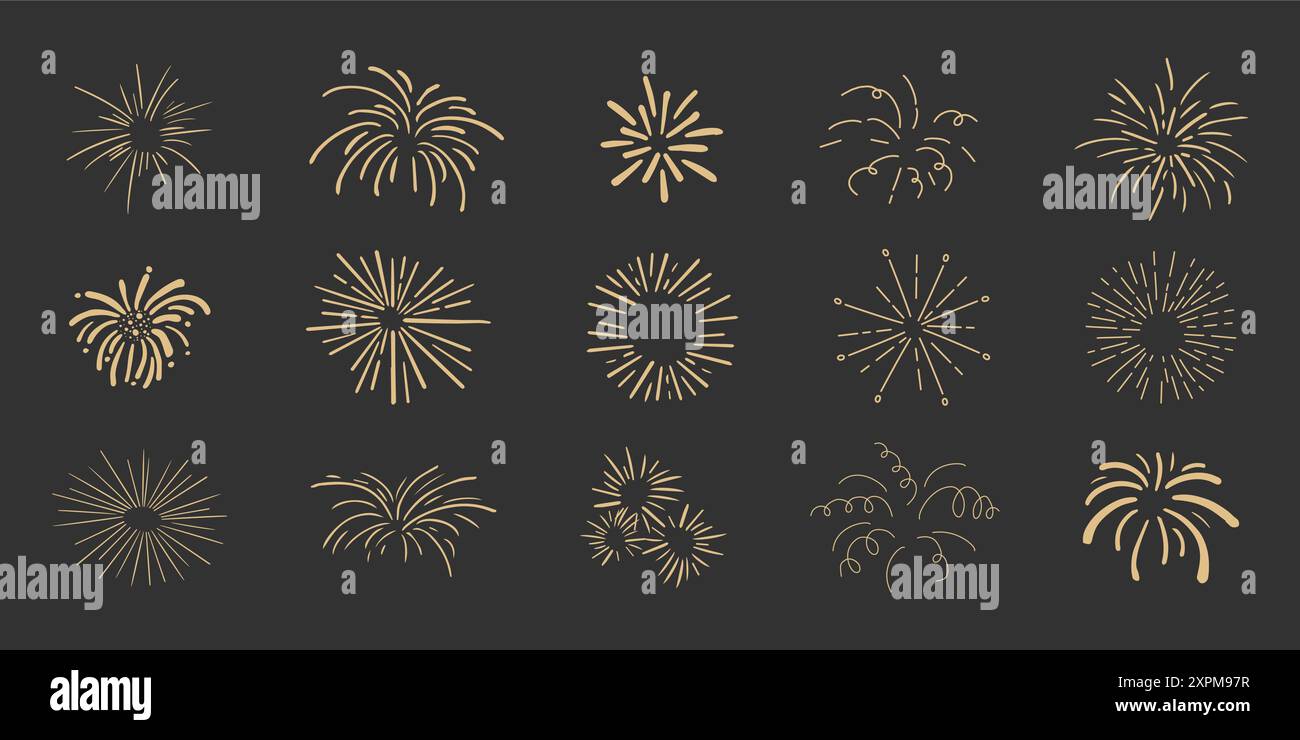 Set gold fireworks, firecrackers golden burst, rays festive doodle ...