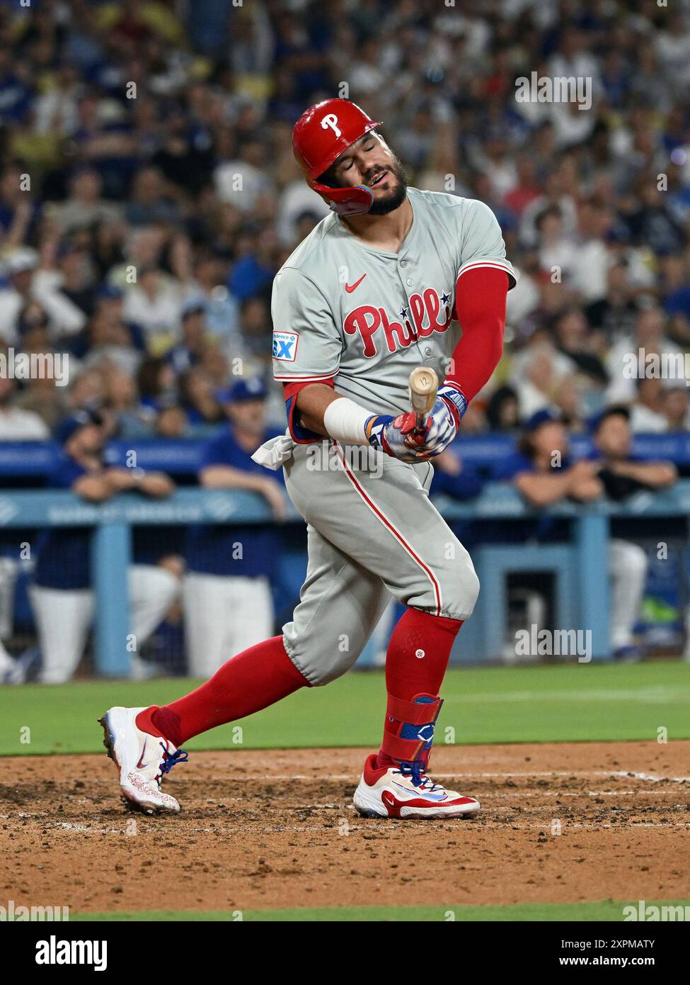 LOS ANGELES, CA - AUGUST 06: Philadelphia Phillies designated hitter Kyle Schwarber (12) reacts ...