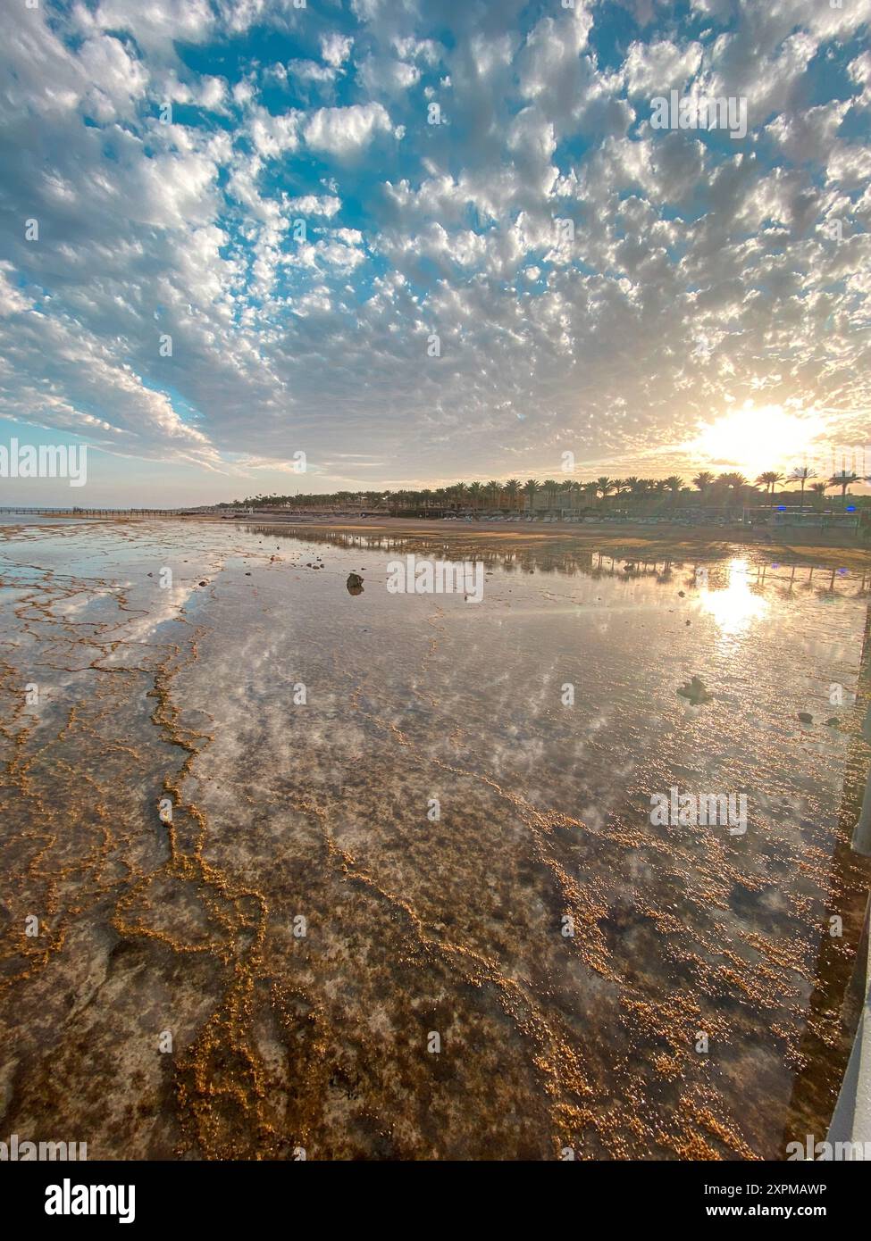 Aerial view on seacost and visible coral reefs during shallow water ...