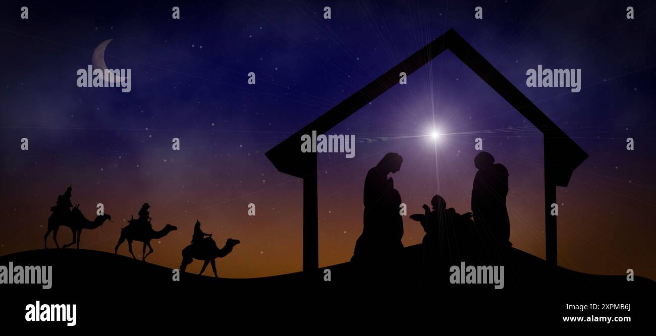 Nativity scene with the Magi in the desert, the star and the birth of ...