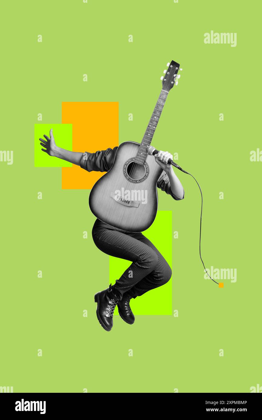 Vertical collage picture headless jumping person guitar acoustic ...
