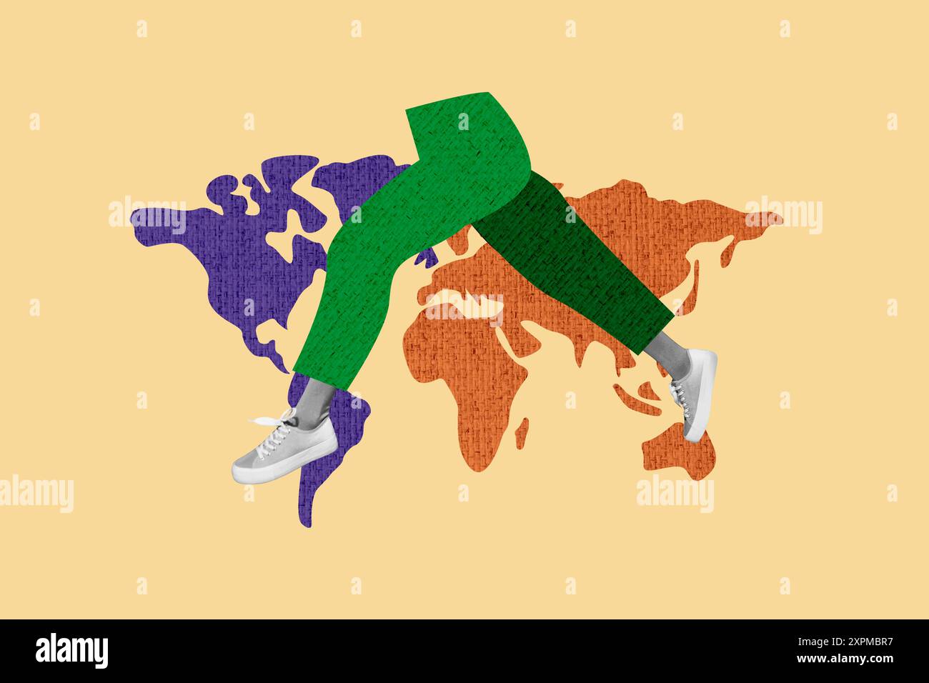 Creative collage human legs body fragment go walk step travel across ...