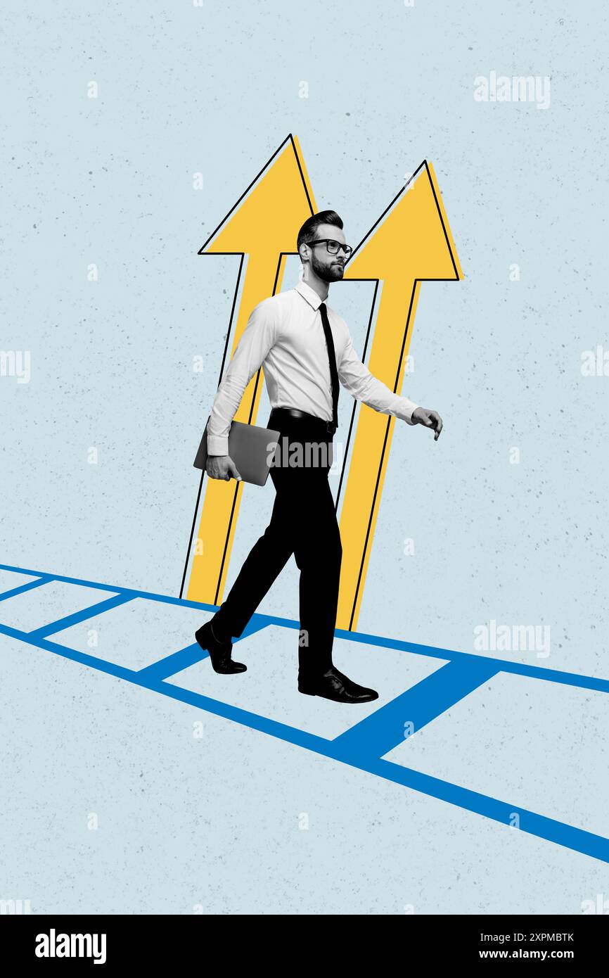 Vertical collage young handsome guy walk go arrows progress ladder path ...