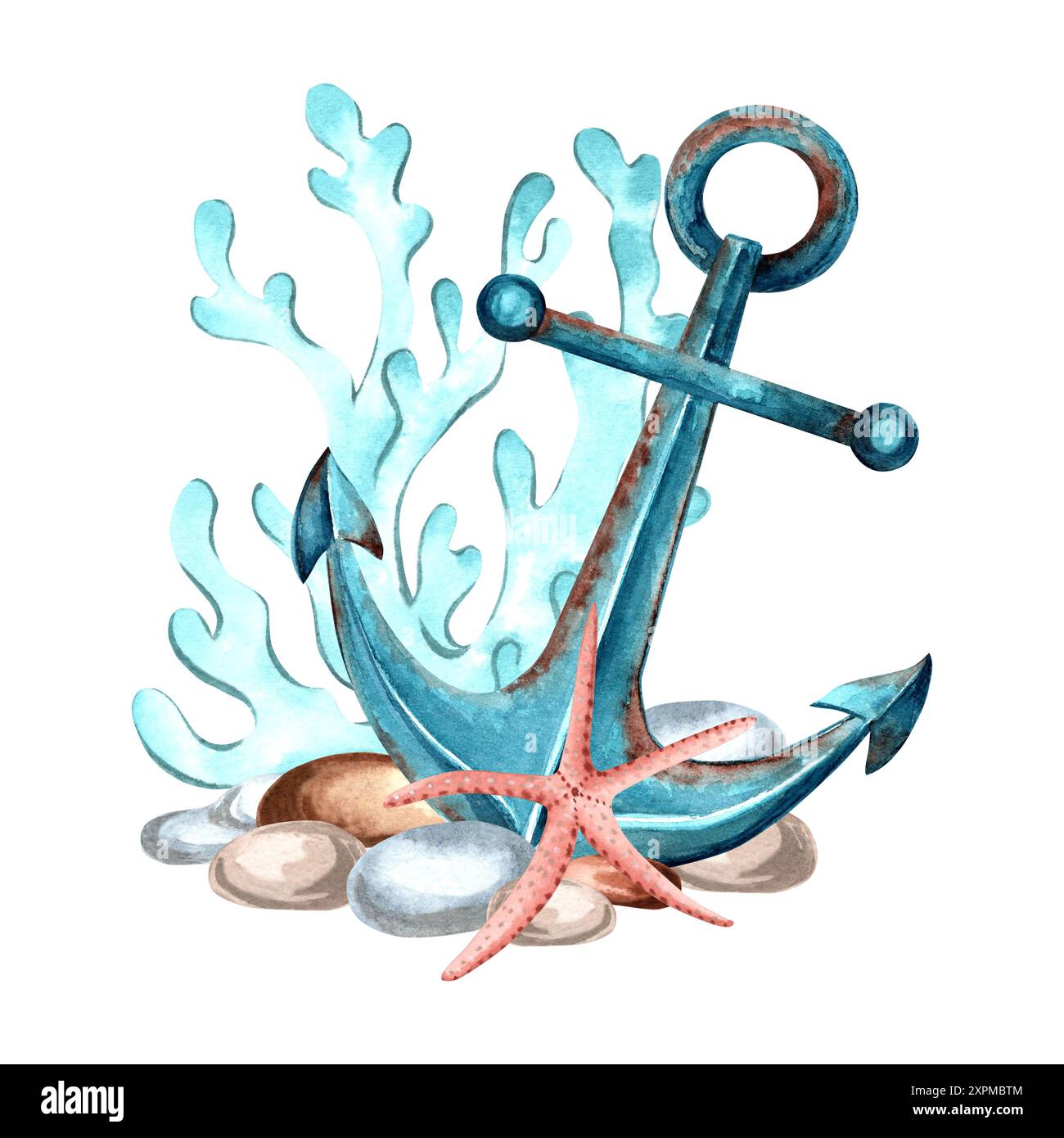 Anchor with coral and starfish on pebbles. Watercolor illustration ...