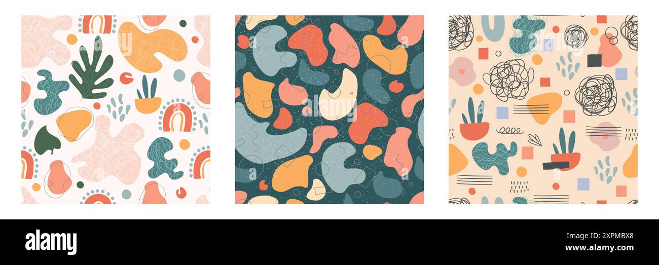 Abstract seamless pattern set. Doodle swatches for wrapping paper, hand drawn colorful geometric ...